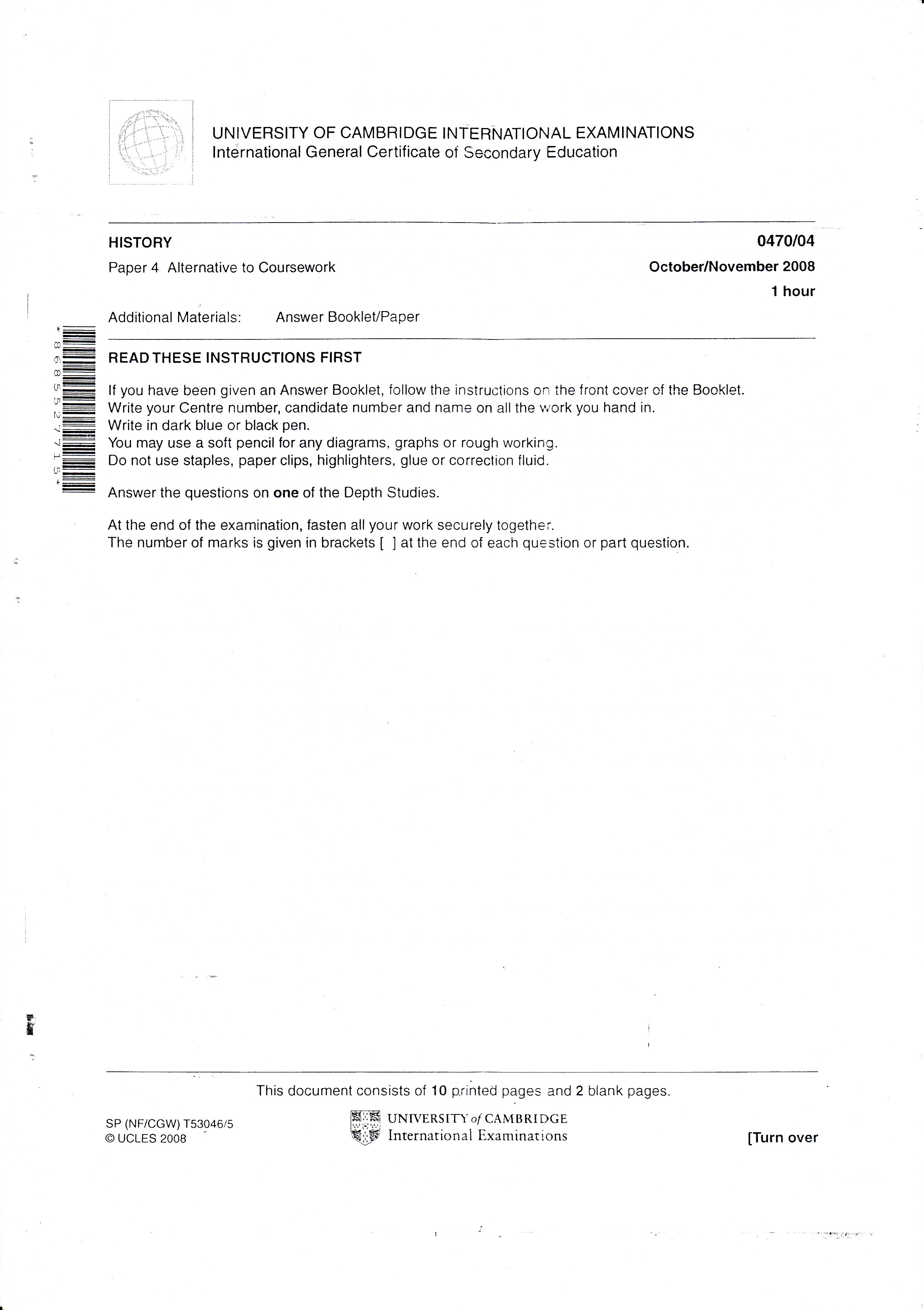 IGCSE History - Paper 4 - Nov 2008 model question papers IGCSE History - Paper 4 - Nov 2008 model question papers